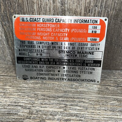 Vintage U.S. Coast Guard Capacity Plate Stemco Marine Longview Tx # D ...