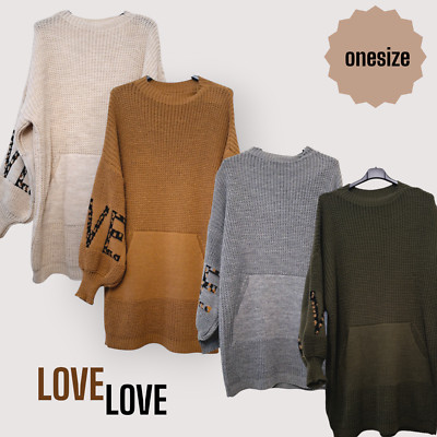 Ladies Womens Love Jumper Chunky Cable Knitted Oversized Longline ...