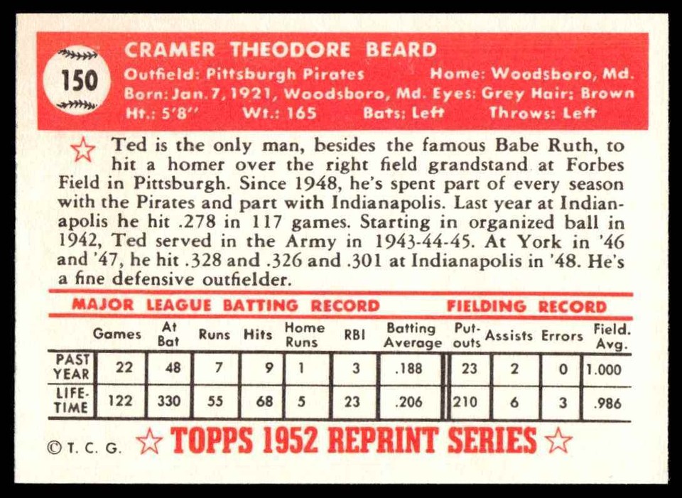 1983 Topps 1952 Reprint Series Ted Beard Pittsburgh Pirates #150 | eBay