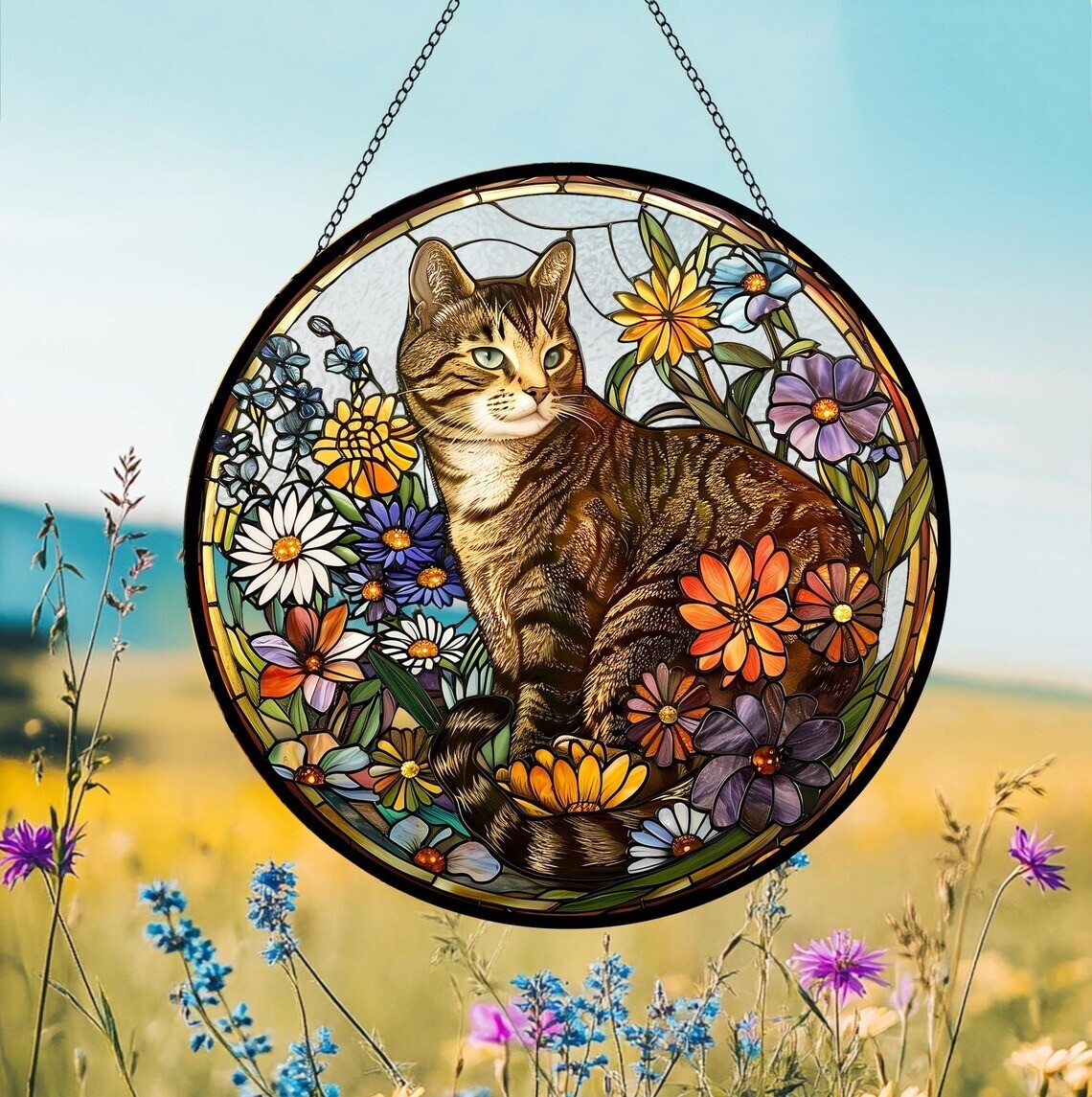 Colorful Flower And Cat Suncatcher Stained Glass, Suncatcher Cute Cat ...