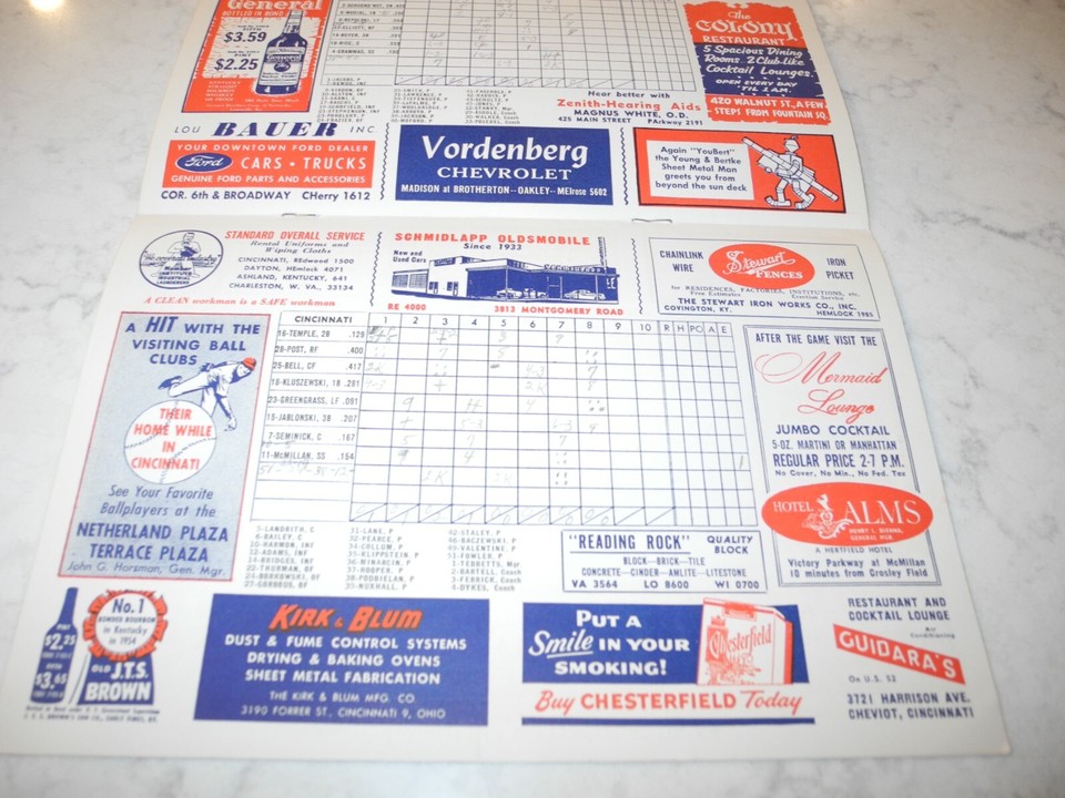 1955 Cincinnati Reds vs Cardinals Baseball Scorecard Media Guide ...