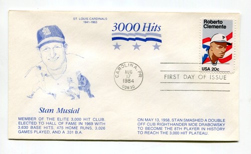 1984 Commemorative Envelope Stan Musial 3000 Hit Club Roberto Clemente ...
