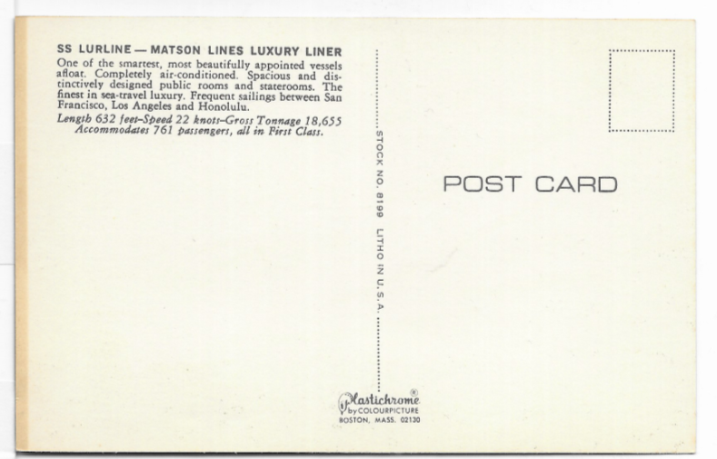 SS LURLINE MATSON LINES LUXURY LINER SHIP VESSEL VINTAGE POSTCARD 1P1 ...