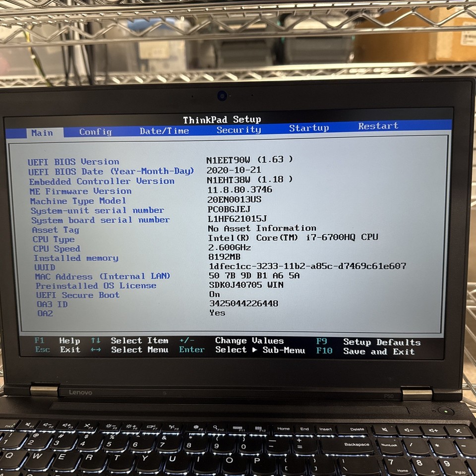 Lenovo ThinkPad P50 15.6" | i7-6700HQ@2.6GHZ | 8GB RAM | NO OS/CHARGER ...