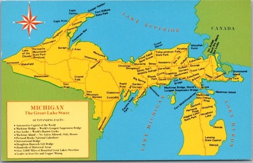 Vintage MICHIGAN UPPER PENINSULA Map Postcard "The Great Lake State ...