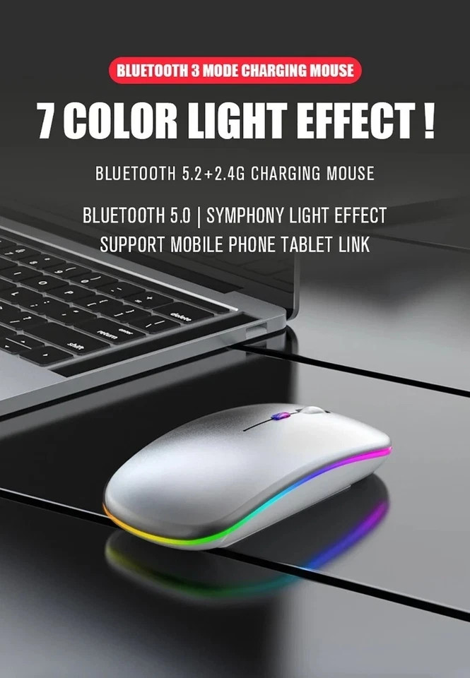 RGB LED Wireless Mouse Rechargeable Optical Silent Mice USB For PC ...
