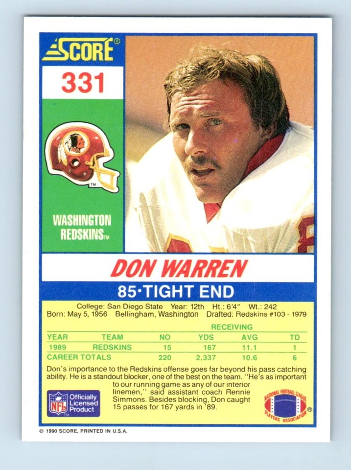 1990 Score Don Warren Washington Redskins #331 | eBay