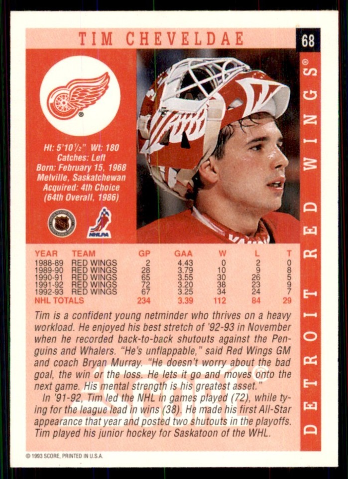1993-94 Score Tim Cheveldae Detroit Red Wings #68 NHL Hockey Sports ...