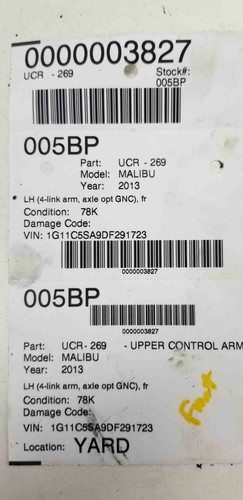 2013 - 2016 CHEVROLET MALIBU Upper Control Arm FRONT LEFT PN: 22927292 ...