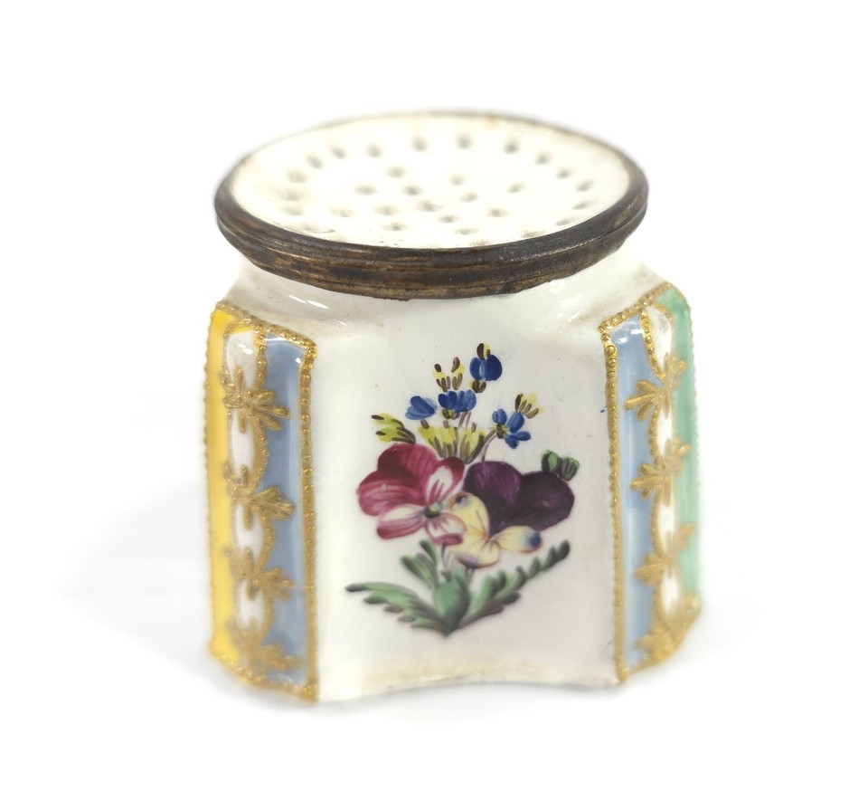 Antique Bilston Battersea Porcelain Powder Box with Painted Floral ...