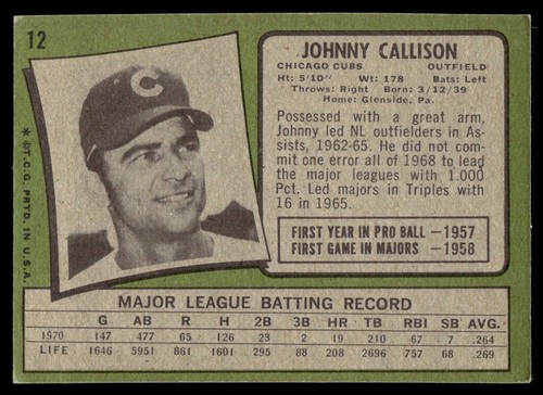 1971 Topps Baseball Johnny Callison Chicago Cubs #12 EX+ | eBay