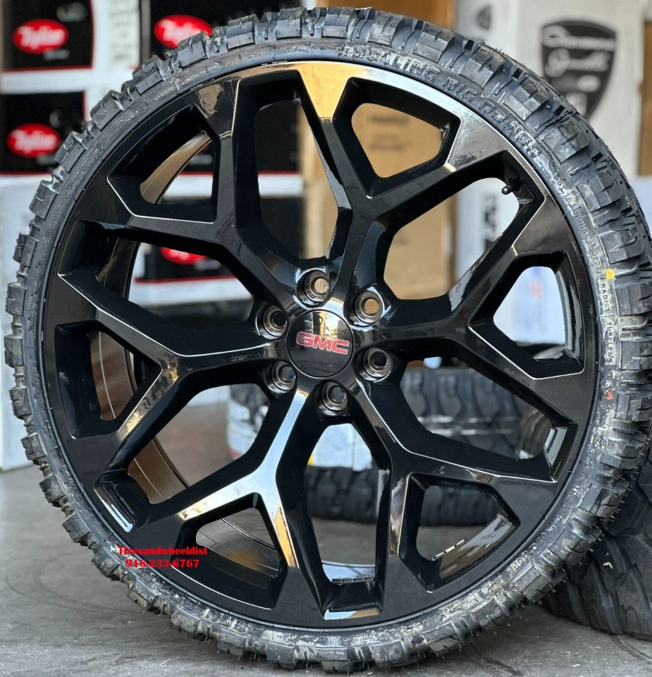 26'' Snowflake Gloss Black Wheels 33'' MT Tires fit Sierra Silverado ...