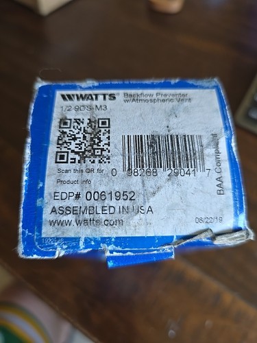 WATTS. P/N:0061935. 1/2" 9D-M3 DUAL CHECK BACKFLOW PREVENTER W/VENT ...