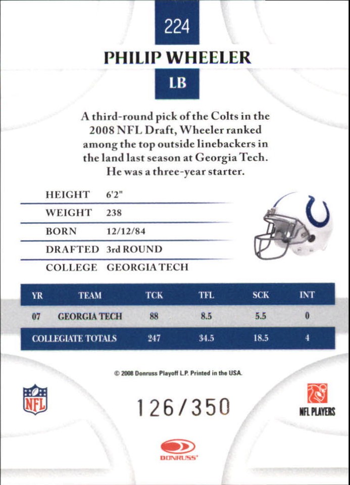 2008 Donruss Threads Retail Blue Colts Football Card #224 Philip ...