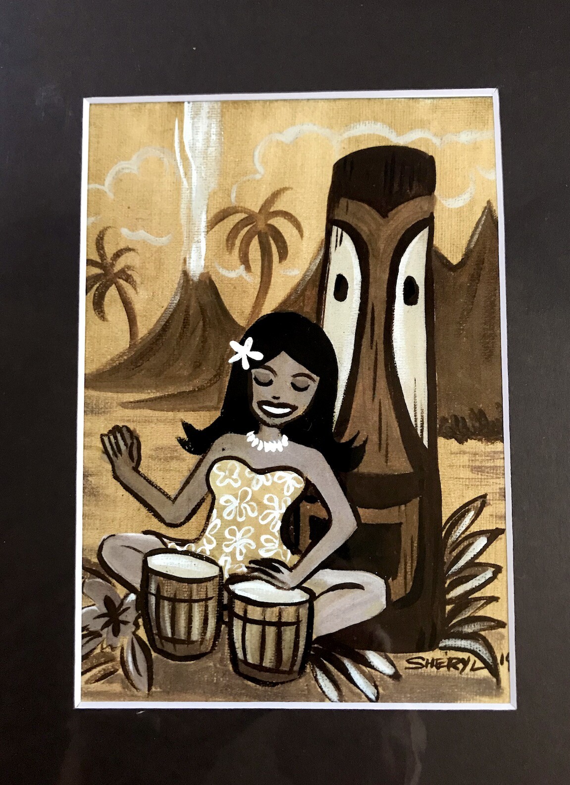 Tiki Bongo Hula Girl volcano Art Print Tiki Schroederville Retro 1960s ...