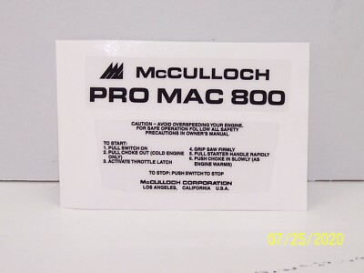 McCulloch Pro Mac 800 Chainsaw Breather Cap 2 Piece Decal Set! | eBay