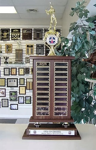 GOLF TROPHY PERPETUAL 22 YEAR AWARD VERY NICE 28 INCHES TALL WITH LOGO ...