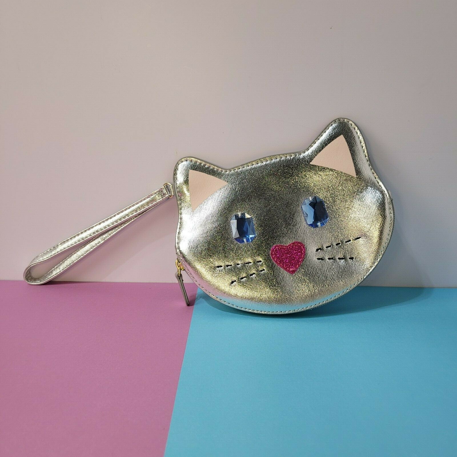 Betsey Johnson Kitty Cat Coin Purse Wristlet Zip Silv… - Gem