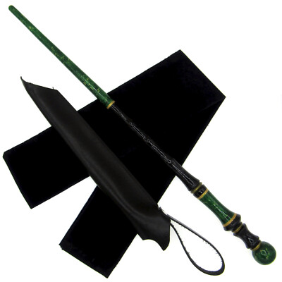 15" Hand Turned Emerald Orb Teak Wood Magic Wand Set w/ Leather Holster ...