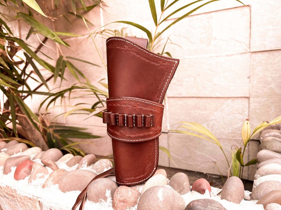 22/45/38/357 CAL TOOLED AMMO HOLSTER GUN DROP LOOP LEATHER WESTERN FAST ...