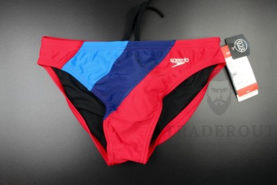 Speedo Men RED blue colorblock nylon swim Brief Swimwear size 32 34 36 ...