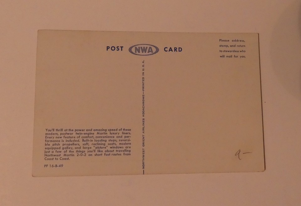 VINTAGE NORTHWEST AIRLINES MARTIN 2-0-2 Post Card | eBay