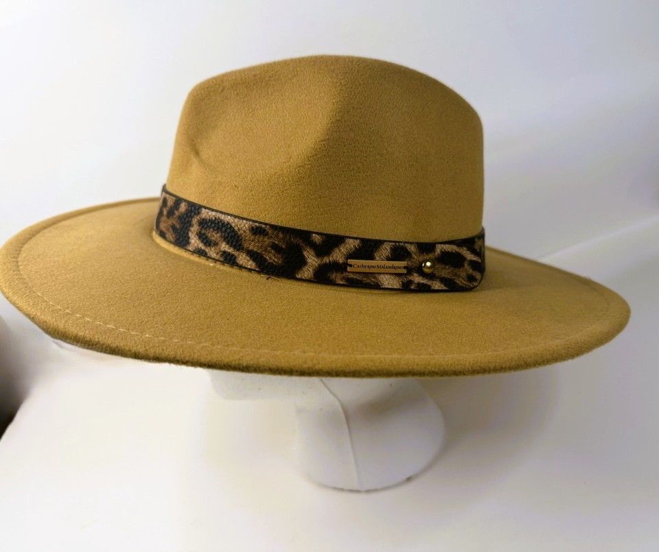 Catherine Malandrino camel-colored felt fedora hat with a leopard print ...