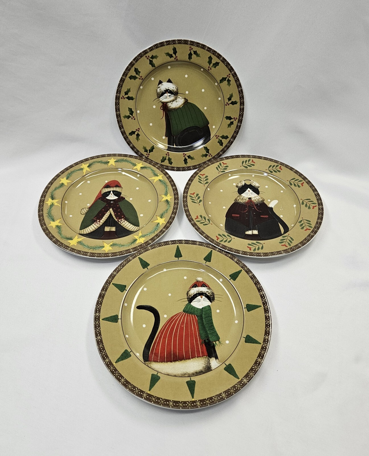 Sakura Cozy Cats Fiddlestix Stoneware Christmas Salad Dessert Plate Set ...