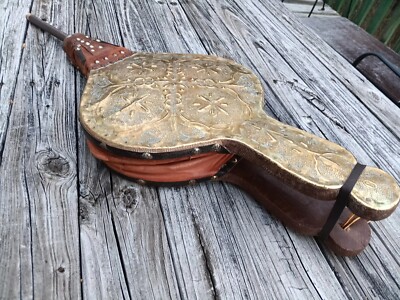 RARE 1920s HAMMERED COPPER BELLOWS WRAPPED IN LEATHER WITH A SOLID WOOD ...