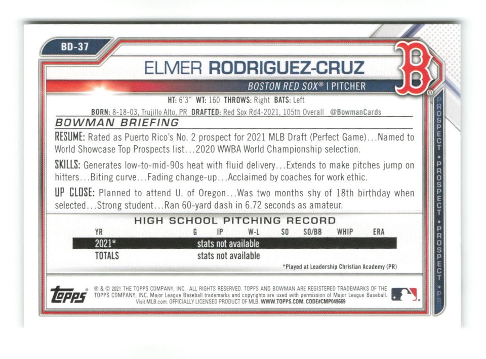 2021 Bowman Draft Elmer Rodriguez-Cruz #BD-37 1st Bowman Boston Red Sox ...