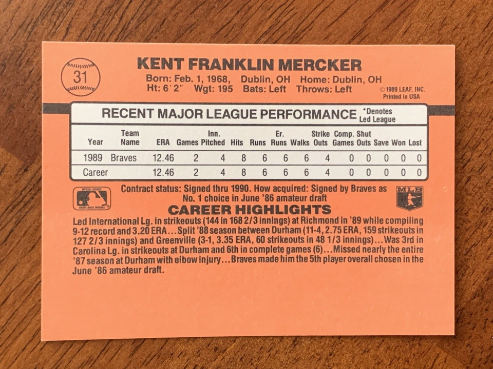 1990 Donruss #31 - Kent Mercker, Atlanta Braves - Rated Rookie Card ...