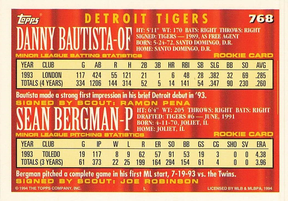 1994 Topps #768 DANNY BAUTISTA / SEAN BERGMAN CA Detroit Tigers | eBay