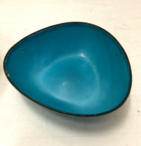 UNUSuAL MCM CAST METAL / IRON - TURQUOISE BLUE ENAMELED OVOID BOWL DISH ...