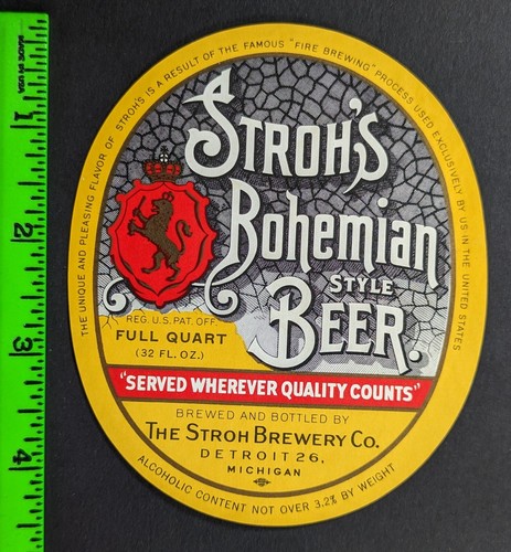 Vintage Stroh's Brewery Bohemian Beer Detroit Michigan Label | eBay
