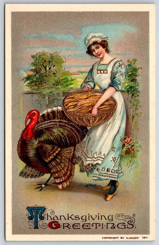 Thanksgiving~Country Maiden In Apron~Basket Of Corn~Turkey~Gold GEL~Emb ...