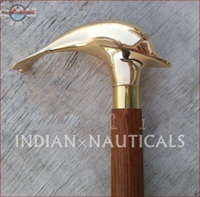 Solid Brass designer wooden walking cane dolphin handle walking stick ...