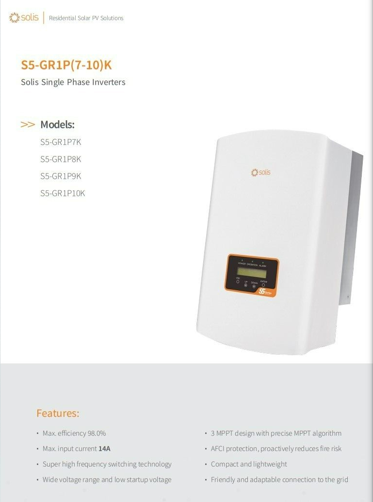 Solis S5 10 kW 1 Phase 3 MPPT Grid Connect Solar Inverter, Wi-Fi, 10YR ...