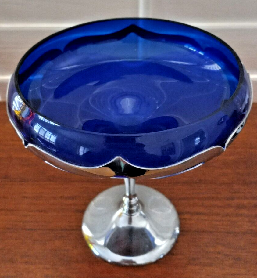Vintage Farber Bros Cambridge Glass chrome Royal Cobalt Compote Candy ...
