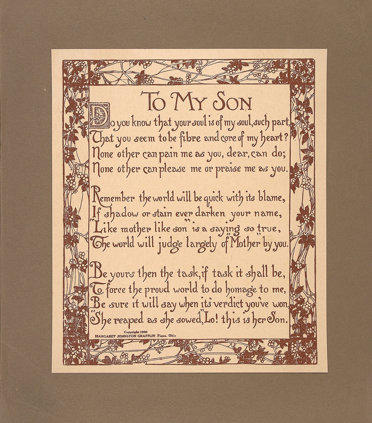 MARGARET JOHNSTON GRAFFLIN Antq XRare 1909 MOTTO Poem NOS Litho TO MY ...