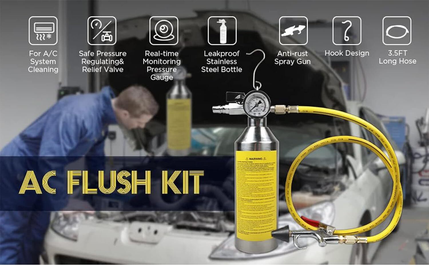 Air Conditioning System Flush Canister Tool Set A/C Flushing Cleaning ...