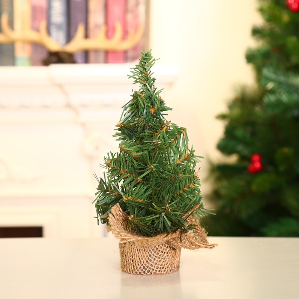 Burlap Wood Base Desktop Ornament Mini Pine Tree Miniature Christmas ...