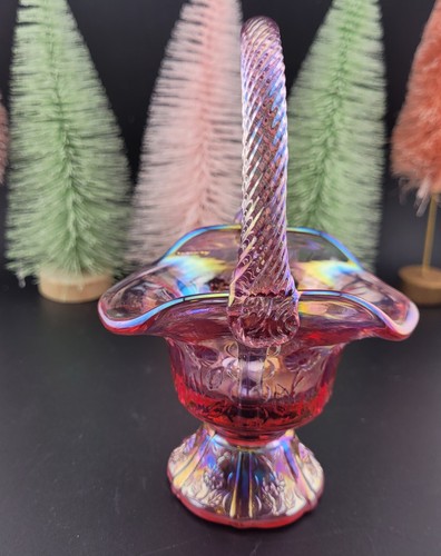 Fenton Mini pink iridescent basket Floral Pattern Twisted Handle | eBay