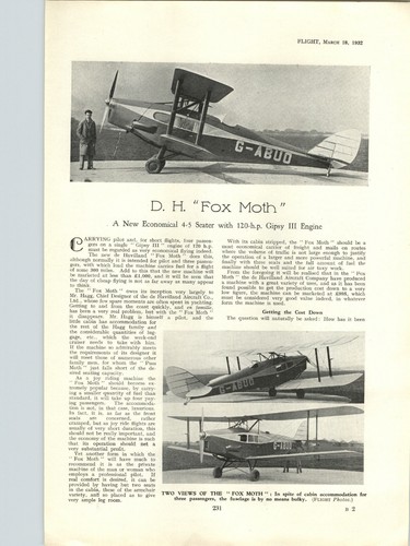 1932 PAPER AD 4 PG Airplane DeHavilland Fox Moth Biplane Drawing Gypsy ...