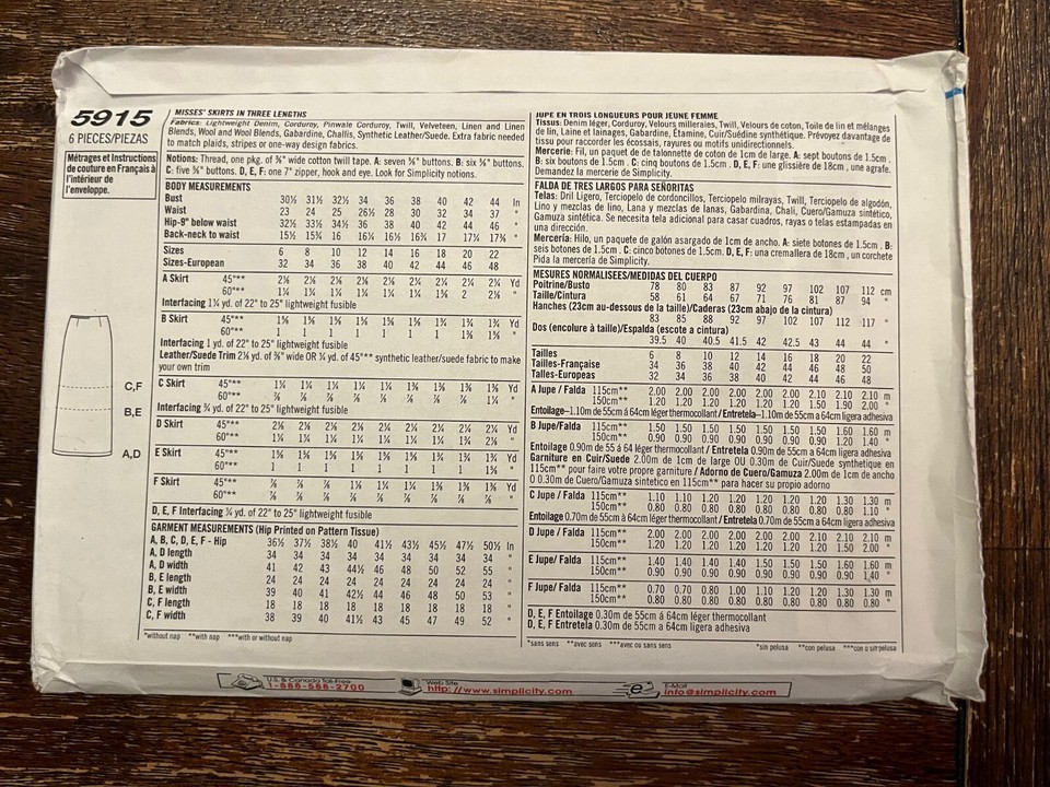 Simplicity 5915 UNCUT Sewing Pattern, Misses' Skirts, Size R5 (14-22 ...