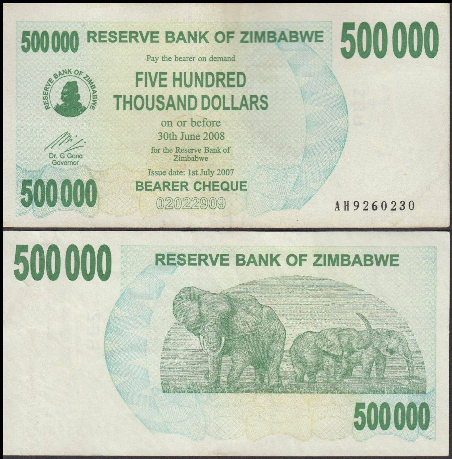 Zimbabwe 500000 Dollars Bearer Cheque, 2007, P-51, Used | eBay