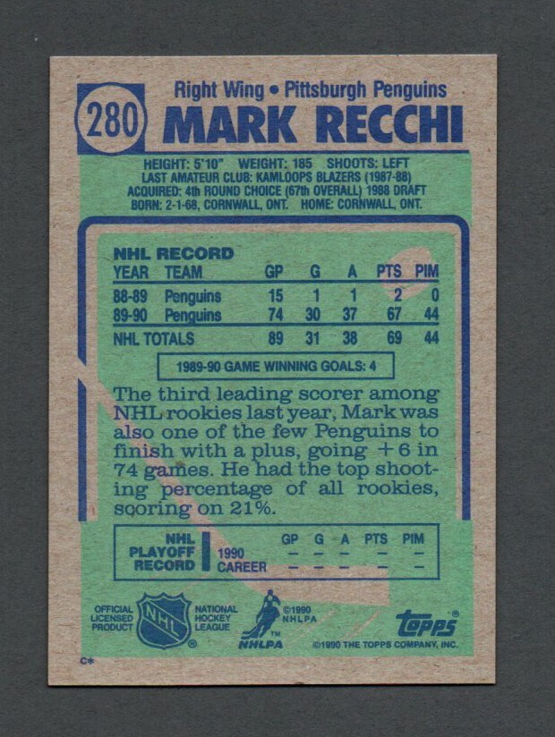 1990-91 TOPPS #280 MARK RECCHI / Pittsburgh Penguins - Rookie Card | eBay