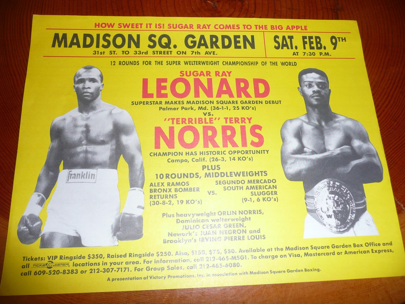 Boxing. Sugar Ray Leonard vs. " Terrible" Terry Norris Advertisement. | eBay