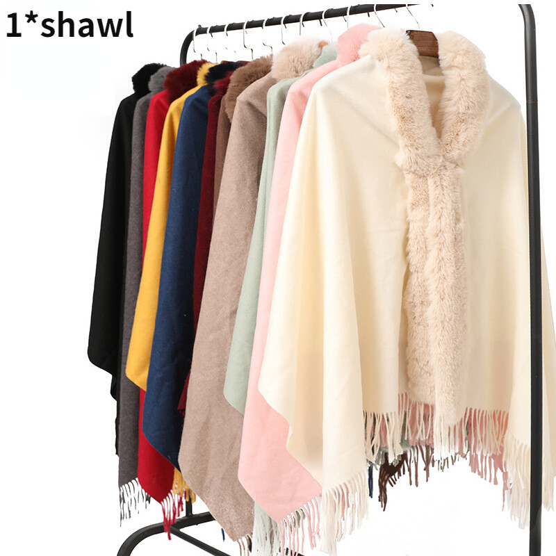 Lady Faux Fur Collar Shawl Scarf Winter Fringed Cape Cloak Dress Wrap ...
