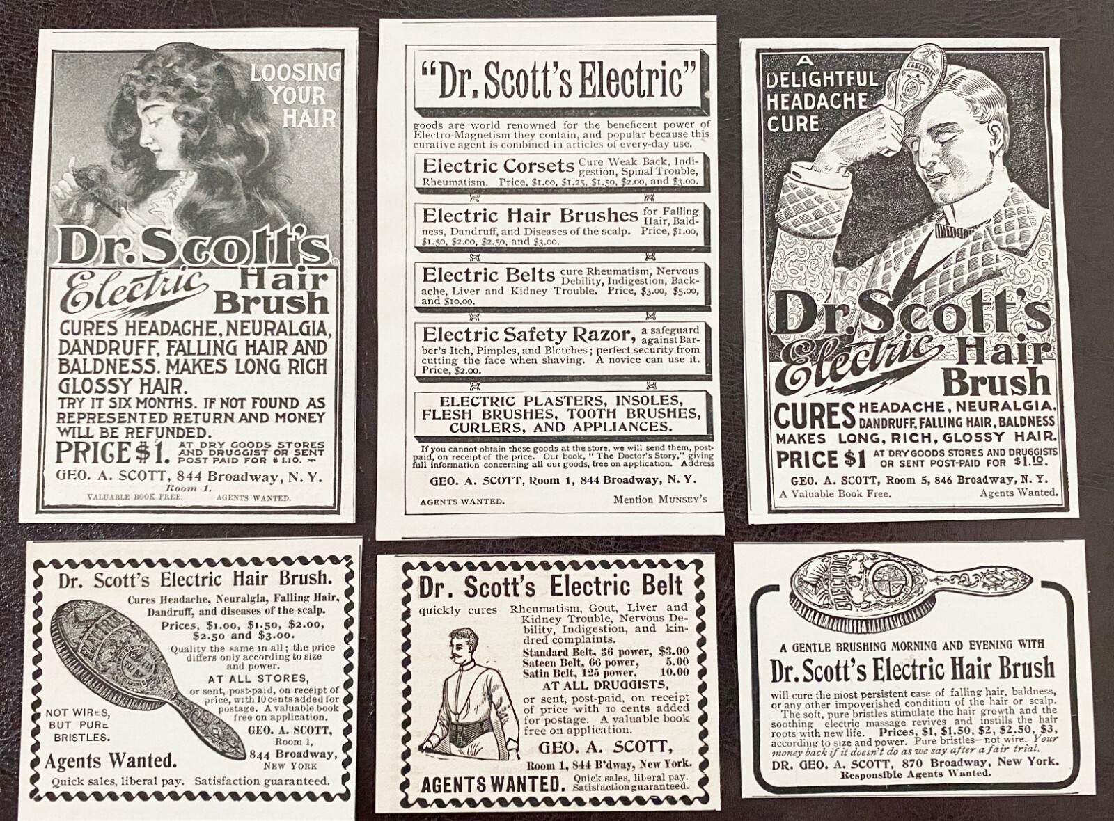 c1890s DR.SCOTT'S ELECTRIC PRODUCTS~Vtg Quackery Print Ad Lot 6~Hair ...