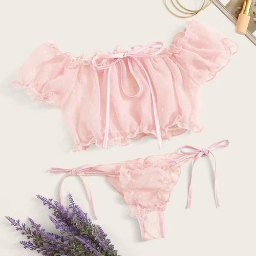 Lace Bowknot Underwear Set Sexy Off Shoulder Puff Sleeve Bra Thong | eBay